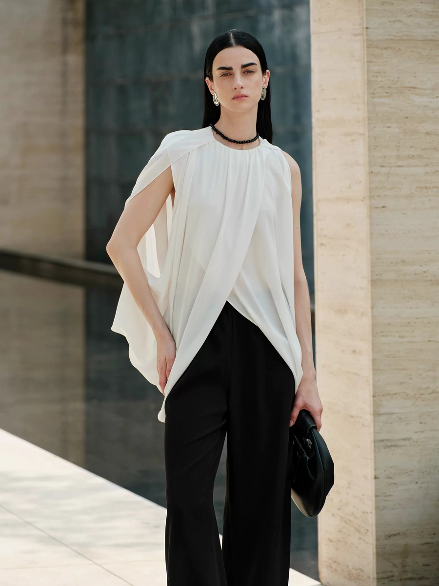 Cool-Touch Acetate Draped Cape-Style Top — Sculpted Cut with Gathered ...
