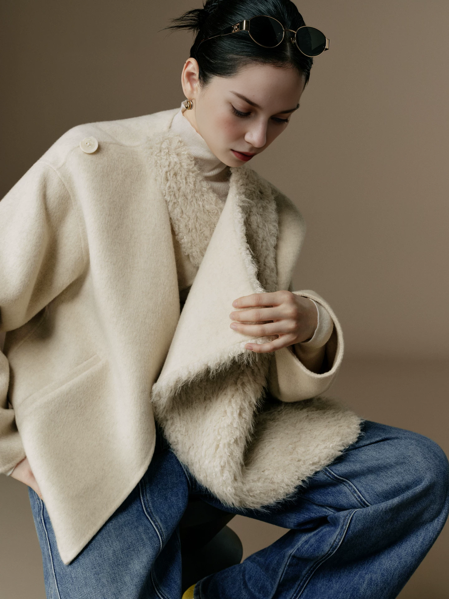 Women's Elegant Two-Tone Pure Wool Double-Faced Coat with Faux Fur Tex ...